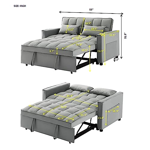 Verfur 3 in 1 Pull Bed Sleeper, Modern Upholstered Loveseat Lounge Sofa & Couches w/Reclining Backrest, Convertible Futon Love Seat Sofabed, Grey 55.2"