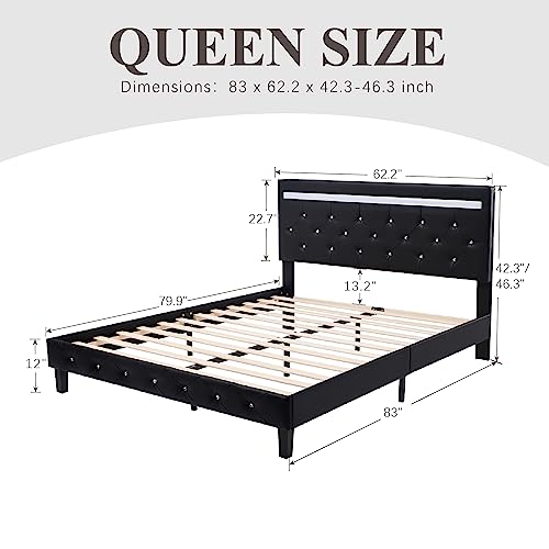 Kallabe Queen Size Bed Frame with LED Light Leather Platform Bed Frame with Adjustable Upholstered Headboard, Smarter Bed Frame APP Control LED Lights, No Box Spring Needed, Black