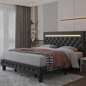 kallabe queen size bed frame with led light leather platform bed frame with adjustable upholstered headboard, smarter bed frame app control led lights, no box spring needed, black