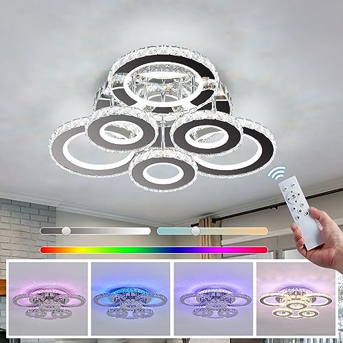 YYJLX Led Ceiling Light with Remote Control Modern 7 Rings Crystal Flush Mount Ceiling Light Fixtures 23inch 3 Color Dimmable and RGB Ceiling Lamp for Living Room Kitchen Dining Room Bedroom.