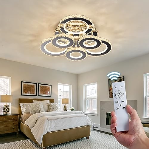 YYJLX Led Ceiling Light with Remote Control Modern 7 Rings Crystal Flush Mount Ceiling Light Fixtures 23inch 3 Color Dimmable and RGB Ceiling Lamp for Living Room Kitchen Dining Room Bedroom.