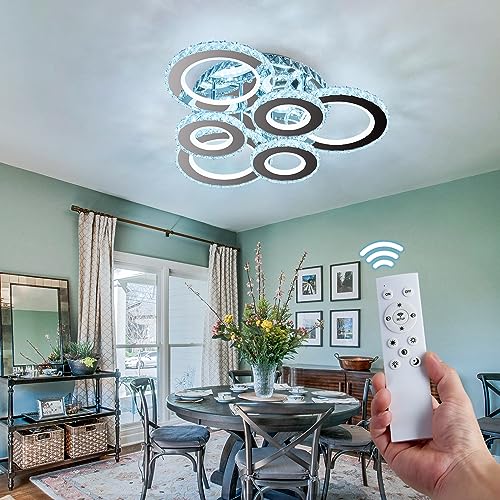 YYJLX Led Ceiling Light with Remote Control Modern 7 Rings Crystal Flush Mount Ceiling Light Fixtures 23inch 3 Color Dimmable and RGB Ceiling Lamp for Living Room Kitchen Dining Room Bedroom.