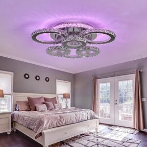 YYJLX Led Ceiling Light with Remote Control Modern 7 Rings Crystal Flush Mount Ceiling Light Fixtures 23inch 3 Color Dimmable and RGB Ceiling Lamp for Living Room Kitchen Dining Room Bedroom.