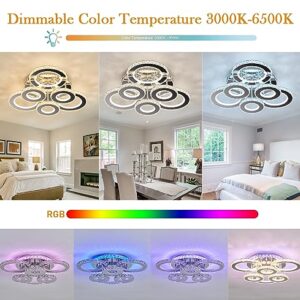 YYJLX Led Ceiling Light with Remote Control Modern 7 Rings Crystal Flush Mount Ceiling Light Fixtures 23inch 3 Color Dimmable and RGB Ceiling Lamp for Living Room Kitchen Dining Room Bedroom.