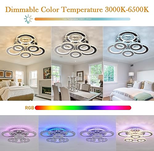 YYJLX Led Ceiling Light with Remote Control Modern 7 Rings Crystal Flush Mount Ceiling Light Fixtures 23inch 3 Color Dimmable and RGB Ceiling Lamp for Living Room Kitchen Dining Room Bedroom.