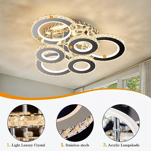 YYJLX Led Ceiling Light with Remote Control Modern 7 Rings Crystal Flush Mount Ceiling Light Fixtures 23inch 3 Color Dimmable and RGB Ceiling Lamp for Living Room Kitchen Dining Room Bedroom.