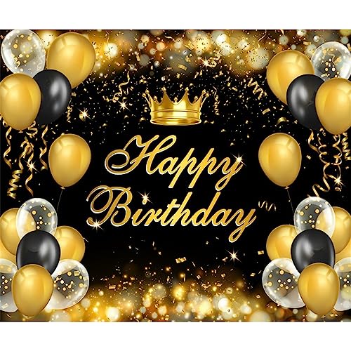 Laeacco Happy Birthday Backdrop 10x8FT Black and Gold Birthday Photography Backdrops Balloons Glitter Bokeh Spots Birthday Party Decor Cake Table Banner Kids Adults Portrait Photo Studio Shoot Props