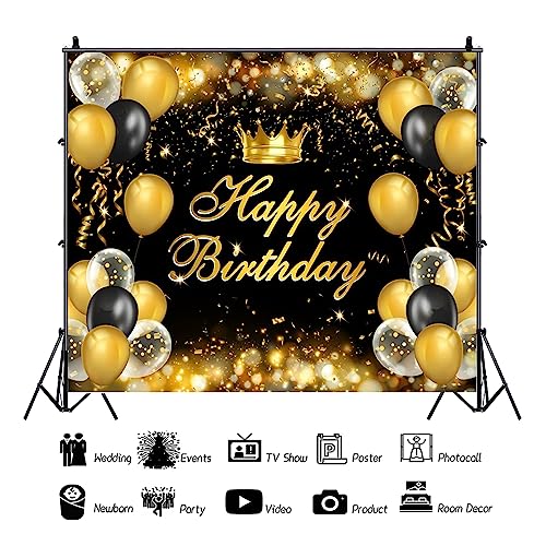 Laeacco Happy Birthday Backdrop 10x8FT Black and Gold Birthday Photography Backdrops Balloons Glitter Bokeh Spots Birthday Party Decor Cake Table Banner Kids Adults Portrait Photo Studio Shoot Props