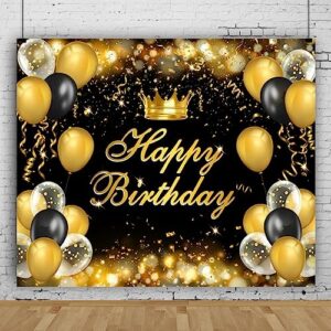 Laeacco Happy Birthday Backdrop 10x8FT Black and Gold Birthday Photography Backdrops Balloons Glitter Bokeh Spots Birthday Party Decor Cake Table Banner Kids Adults Portrait Photo Studio Shoot Props