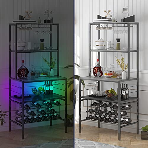 ijuicy Wine Bar Cabinet with LED Lights, Wine Rack Freestanding Floor, 4 Tier Home Bar Cabinet with Wine Storage & Glasses Holder, Wine Cabinet for Home Bar, Kitchen, Black