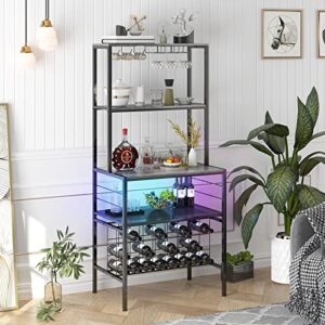 ijuicy Wine Bar Cabinet with LED Lights, Wine Rack Freestanding Floor, 4 Tier Home Bar Cabinet with Wine Storage & Glasses Holder, Wine Cabinet for Home Bar, Kitchen, Black