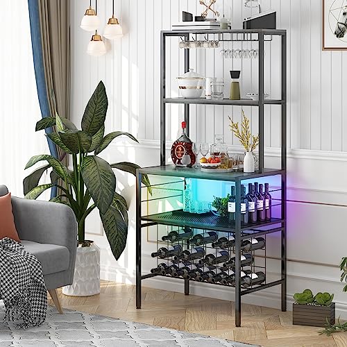 ijuicy Wine Bar Cabinet with LED Lights, Wine Rack Freestanding Floor, 4 Tier Home Bar Cabinet with Wine Storage & Glasses Holder, Wine Cabinet for Home Bar, Kitchen, Black