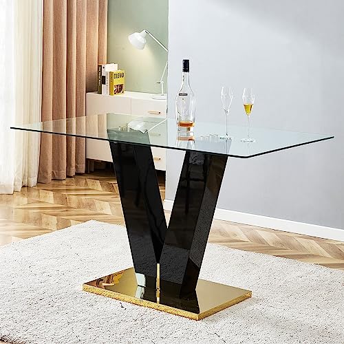 HomVent Contemporary Glass Top Kitchen Dining Table, Pedestal Rectangular Dining Table Minimalist Glass Top Dining Table w/High Gloss Lacquer Finish Wood Base for Dining Room (Clear, V-Shaped)