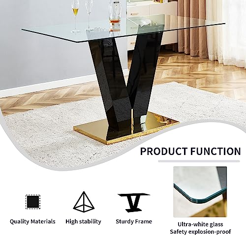 HomVent Contemporary Glass Top Kitchen Dining Table, Pedestal Rectangular Dining Table Minimalist Glass Top Dining Table w/High Gloss Lacquer Finish Wood Base for Dining Room (Clear, V-Shaped)