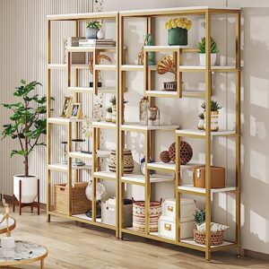 tribesigns 71" w gold bookshelves, 11-tier large tall open display bookshelf, geometric cubed etagere bookcase shelf, modern book shelf for living room, bedroom, home office, gold & white