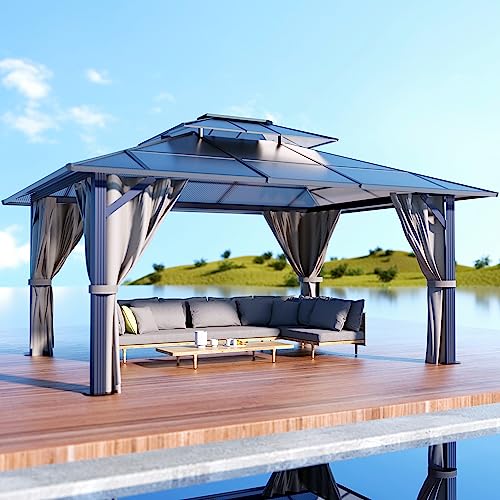 VEIKOU 10' x 13' Gazebo, Hardtop Gazebo w/Aluminum Frame & Polycarbonate Double Roof, Patio Gazebo with Netting and Curtains, Heavy-Duty Pergolas and Gazebos for Backyard, Deck and Lawns