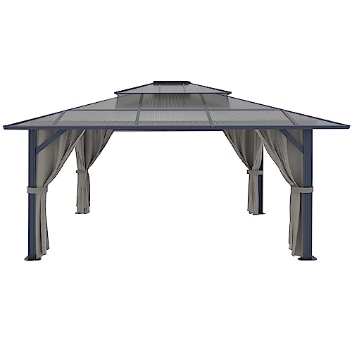 VEIKOU 10' x 13' Gazebo, Hardtop Gazebo w/Aluminum Frame & Polycarbonate Double Roof, Patio Gazebo with Netting and Curtains, Heavy-Duty Pergolas and Gazebos for Backyard, Deck and Lawns