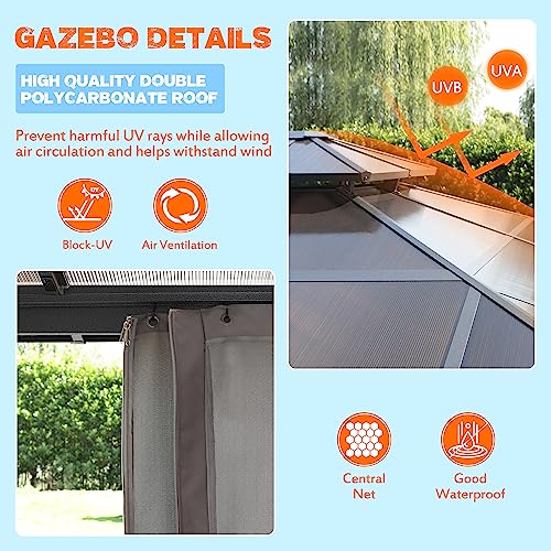 VEIKOU 10' x 13' Gazebo, Hardtop Gazebo w/Aluminum Frame & Polycarbonate Double Roof, Patio Gazebo with Netting and Curtains, Heavy-Duty Pergolas and Gazebos for Backyard, Deck and Lawns