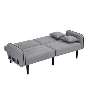 Lepfun Linen Fabric Ottoman Sofa Bed with Stereo, Adjustable Couch Bed, Modern Folding Recliner Sleeper Reversible Loveseat Convertible Daybed Sofa for Listening to Music, Reading & Relaxing, Gray