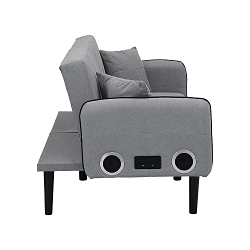 Lepfun Linen Fabric Ottoman Sofa Bed with Stereo, Adjustable Couch Bed, Modern Folding Recliner Sleeper Reversible Loveseat Convertible Daybed Sofa for Listening to Music, Reading & Relaxing, Gray