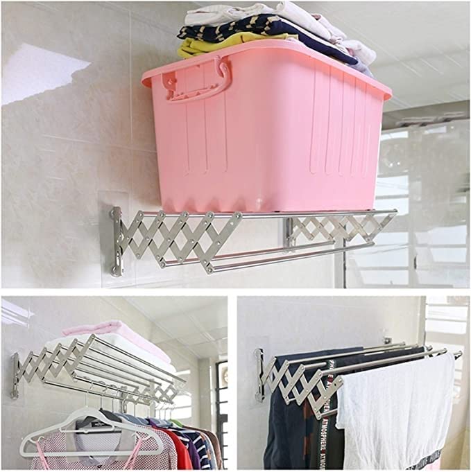 SEIFE Wall Mounted Towel Rack Drying Rack Retractable Airers Washing Line Indoor Folding Extendible Towel Shelf with Hooks Stainless Steel for Balcony Bathroom Terrace Bathroom Shelves