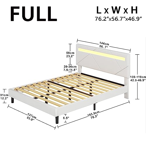 LIKIMIO Full Bed Frame with LED Lights, Modern PU Leather Upholstered Platform Bed with Headboard, No Box Spring Needed/Noise-Free/Easy Assembly, White