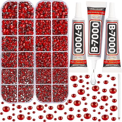 11000Pcs Red Rhinestones with b7000 Glue for Crafts Clothes Nails Clothing Fabric Tumblers, Red Flat Back Rhinestones Gems 2-5mm, Rinestones Gemstones Flatback for Shoes,Diamonds Badazzle Kit for Kids