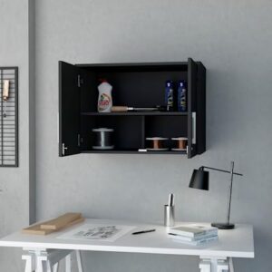 Wall Storage Cabinet Lions, Three Interior Shelves, Double Door-Black