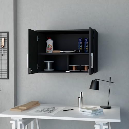 Wall Storage Cabinet Lions, Three Interior Shelves, Double Door-Black