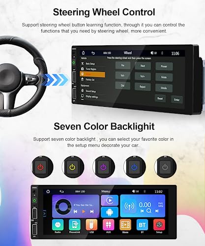 Single Din Touchscreen Car Stereo with Wireless Apple CarPlay, Rimoody 6.86" 1 Din Car Radio with with Android Auto Bluetooth FM Radio EQ Mirror Link Car mp5 Player TF/USB Rear View Camera