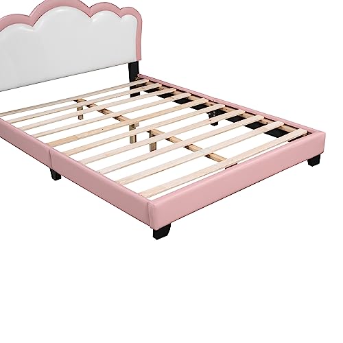 GYYBED Full Size Upholstered Princess Bed with Crown Headboard,Full Bed Frames for Girls Full Bed Frame Girl Full Size Bed Frames for Girls Full Bed Frames for Kids (White+Pink, Full)