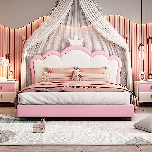 GYYBED Full Size Upholstered Princess Bed with Crown Headboard,Full Bed Frames for Girls Full Bed Frame Girl Full Size Bed Frames for Girls Full Bed Frames for Kids (White+Pink, Full)