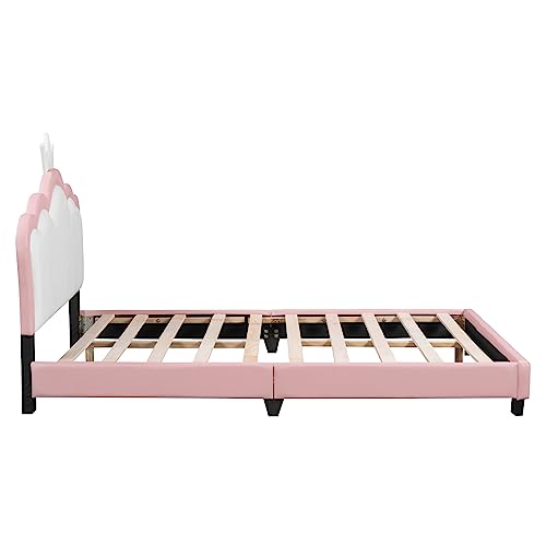 GYYBED Full Size Upholstered Princess Bed with Crown Headboard,Full Bed Frames for Girls Full Bed Frame Girl Full Size Bed Frames for Girls Full Bed Frames for Kids (White+Pink, Full)