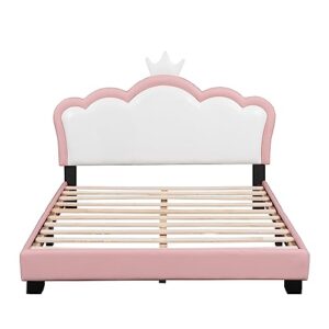 GYYBED Full Size Upholstered Princess Bed with Crown Headboard,Full Bed Frames for Girls Full Bed Frame Girl Full Size Bed Frames for Girls Full Bed Frames for Kids (White+Pink, Full)