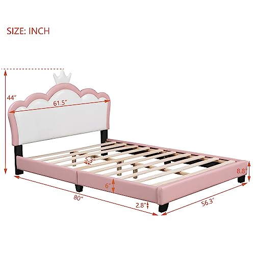 GYYBED Full Size Upholstered Princess Bed with Crown Headboard,Full Bed Frames for Girls Full Bed Frame Girl Full Size Bed Frames for Girls Full Bed Frames for Kids (White+Pink, Full)