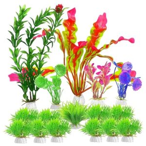 llmsix 16pcs artificial aquarium plants set fish tank decoration fake plastic green plants vivid underwater plants ornament assorted color for fish tank aquarium landscaping (4 styles)