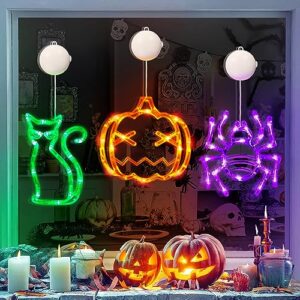 halloween lights window decorations 3 pack orange pumpkin purple spider green cat battery operated halloween window light with suction cup, cute halloween decorations indoor home room door party decor