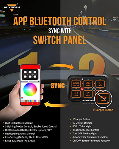 Auxbeam 6 Gang Switch Panel Bluetooth RGB AR-600 120Pcs 1" Larger DIY Decals for Car RV Camper Van Truck Marine Boat