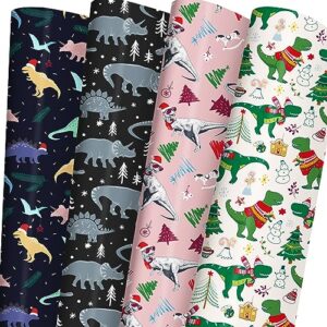 waplighal dinosaur christmas wrapping paper for boys girls kids - funny dinosaurs on white pink black designs - gift wrap for birthday, baby shower, holiday - 8 sheets, each 20 x 29 inches, recycled, easy to store