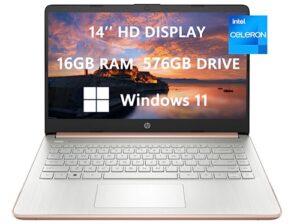 2023 newest hp laptops for college student & business, 14'' hd computer, intel celeron n4120(4-core), up to 2.60 ghz, 16gb ram, 576gb(64gb ssd+512gb card), hdmi, rose gold, windows 11, rokc hdmi cable