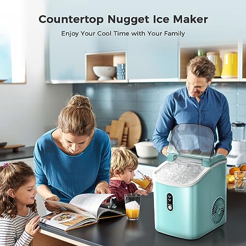 AGLUCKY Nugget Ice Maker Countertop, Portable Pebble Ice Maker Machine with Self-Cleaning Function,35lbs/24H,One-Click Operation,Pellet Ice Maker for Home/Kitchen/Office(Green)