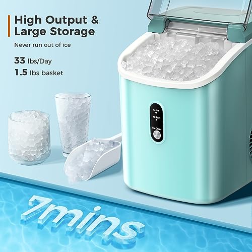 AGLUCKY Nugget Ice Maker Countertop, Portable Pebble Ice Maker Machine with Self-Cleaning Function,35lbs/24H,One-Click Operation,Pellet Ice Maker for Home/Kitchen/Office(Green)