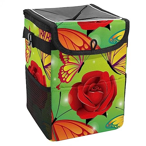 RODAILYCAY Auto Trash Container for Car Back Seat Leak Proof, Car Trash Bag Bin Hanging, Cute Car Garbage Bin, Litter Storage Can Red Rosy Flower Flying Blutterflies Kissing