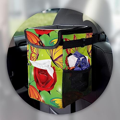 RODAILYCAY Auto Trash Container for Car Back Seat Leak Proof, Car Trash Bag Bin Hanging, Cute Car Garbage Bin, Litter Storage Can Red Rosy Flower Flying Blutterflies Kissing