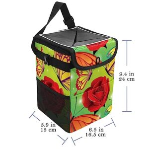 RODAILYCAY Auto Trash Container for Car Back Seat Leak Proof, Car Trash Bag Bin Hanging, Cute Car Garbage Bin, Litter Storage Can Red Rosy Flower Flying Blutterflies Kissing