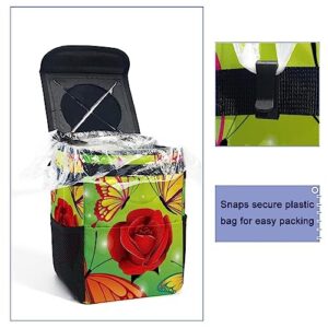 RODAILYCAY Auto Trash Container for Car Back Seat Leak Proof, Car Trash Bag Bin Hanging, Cute Car Garbage Bin, Litter Storage Can Red Rosy Flower Flying Blutterflies Kissing