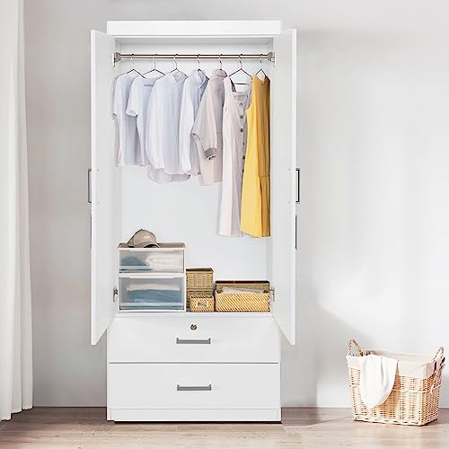 FurnitureR 2 Door Wardrobe, Wooden Armoire with Drawers and Hanging Rod for Bedroom 68.2-Inch Wardrobe Storage Cabinet, White