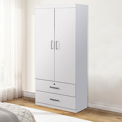 FurnitureR 2 Door Wardrobe, Wooden Armoire with Drawers and Hanging Rod for Bedroom 68.2-Inch Wardrobe Storage Cabinet, White