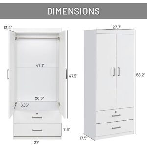 FurnitureR 2 Door Wardrobe, Wooden Armoire with Drawers and Hanging Rod for Bedroom 68.2-Inch Wardrobe Storage Cabinet, White