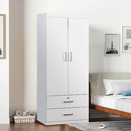 FurnitureR 2 Door Wardrobe, Wooden Armoire with Drawers and Hanging Rod for Bedroom 68.2-Inch Wardrobe Storage Cabinet, White